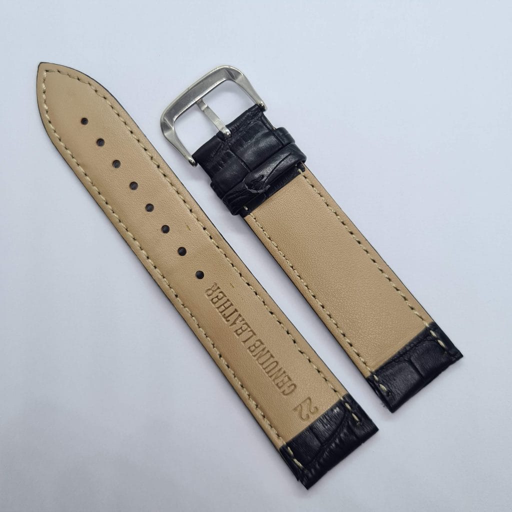 22mm Crocodile Pattern PU Leather Strap Black (Black Stitches) - Lug to Lug